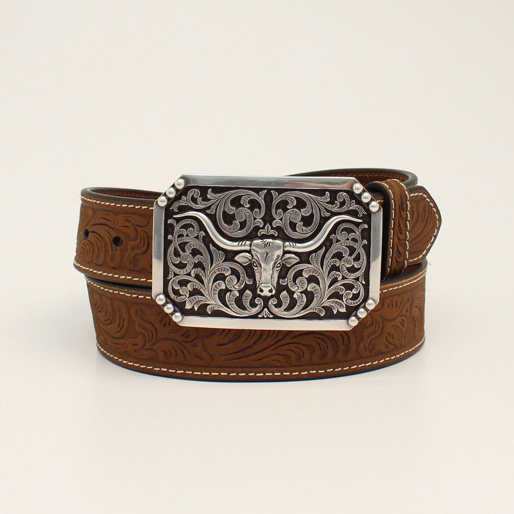 Brown Floral Embossed Western Belt w/ Longhorn Buckle – MexWest